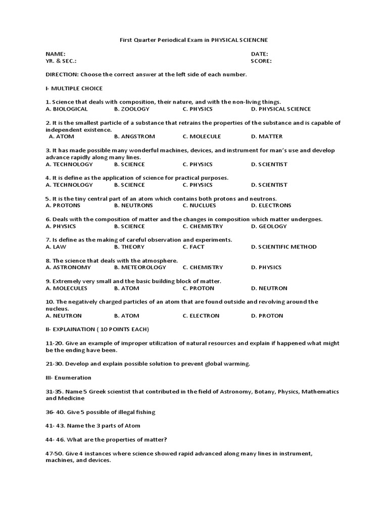 First Quarter Periodical Exam in PHYSICAL SCIENCNE | PDF | Matter | Neutron