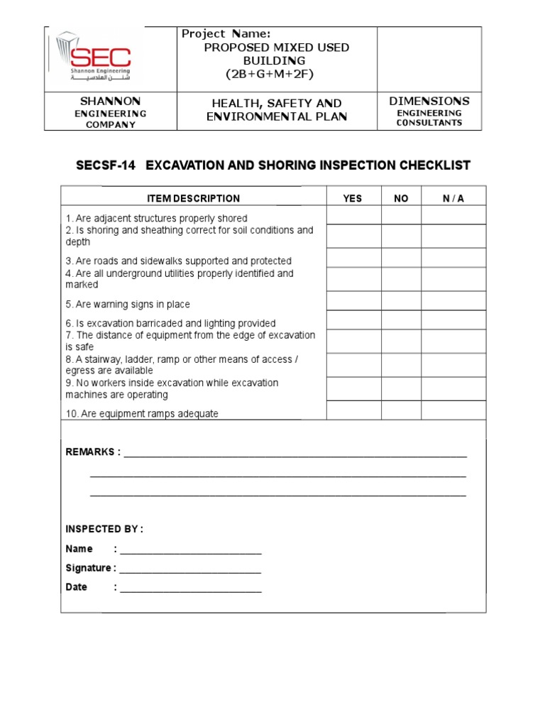 Excavation and Shoring Checklist | PDF | Technology & Engineering