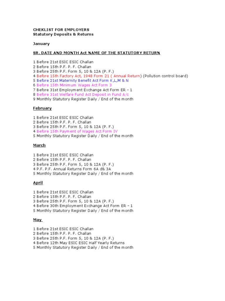 Cheklist For Employers Statutory Deposits & Returns January Sr. Date ...
