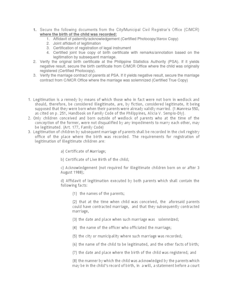 Legitimation Requirements | PDF | Birth Certificate | Marriage