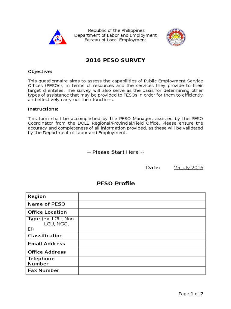 2016 Peso Survey Form | PDF | Employment | Media Technology