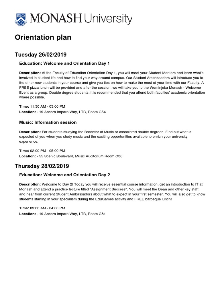 Monash orientation plan for education and music students | PDF
