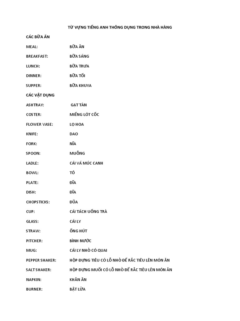 Common English Vocabulary For Vietnamese | PDF | Cuisine | Western Cuisine