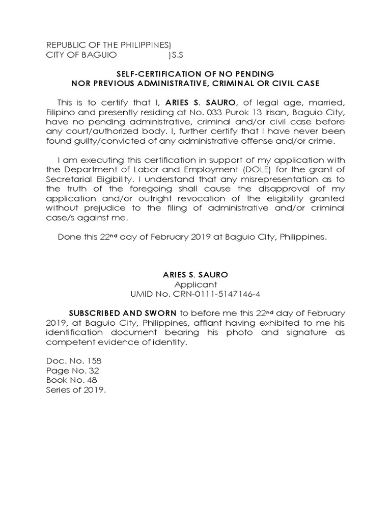 Self Certification of No Pending Case | PDF