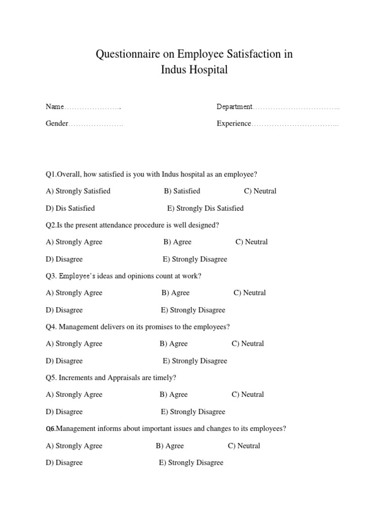 Questionnaire On Employee Satisfaction | Download Free PDF | Psychology ...