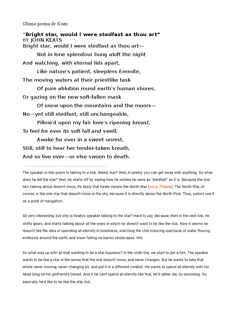 Keats' Last Poem: "Bright Star" Analysis | PDF | Poetry