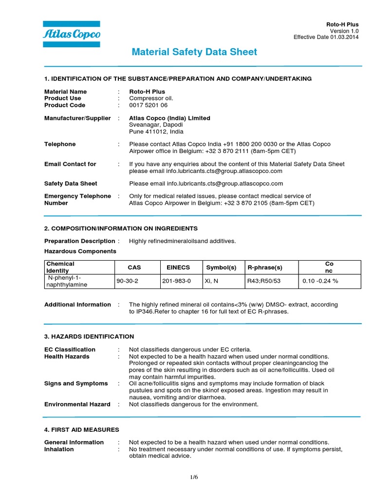 MSDS - Atlas Copco Roto-H Plus - EN | PDF | Personal Protective Equipment | Occupational Hygiene