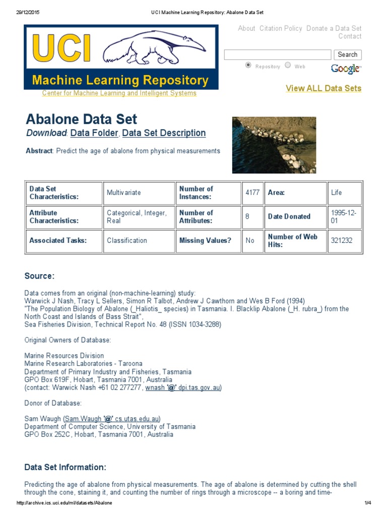 UCI Machine Learning Repository - Abalone Data Set | PDF | Machine ...