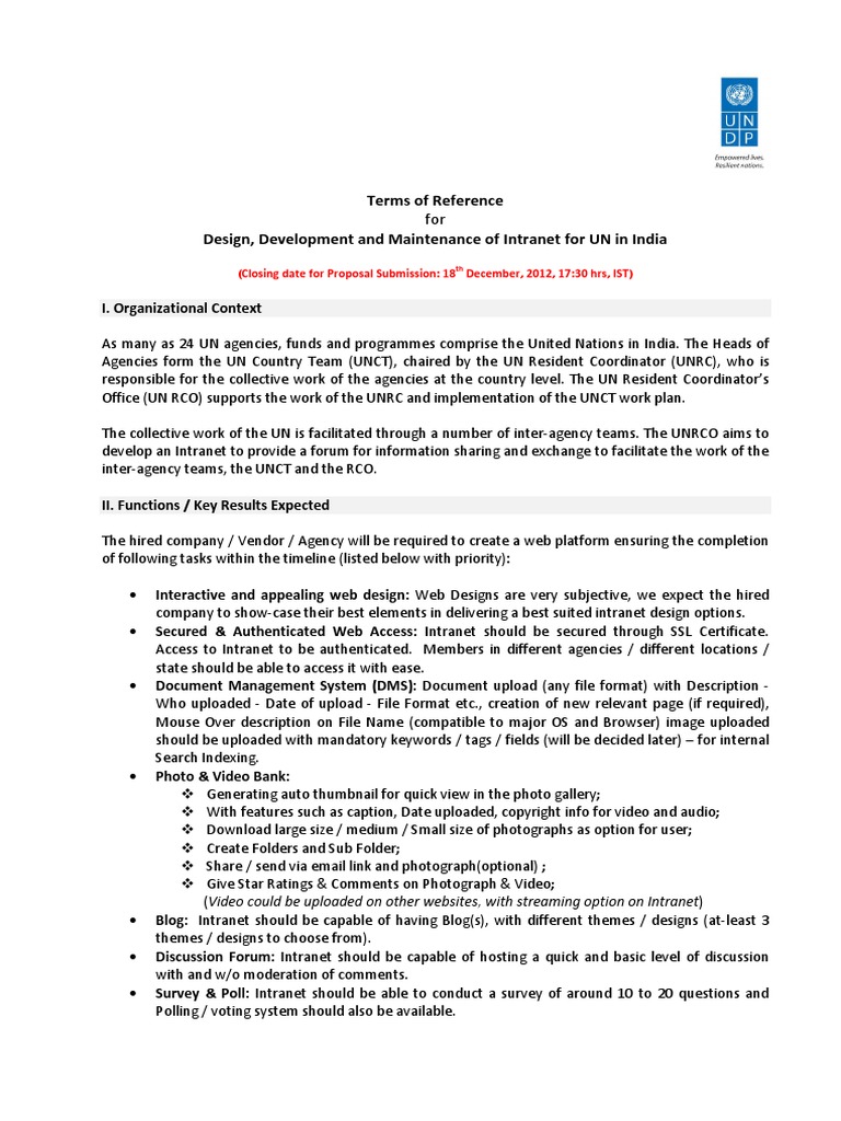 Tor For Design Development and Maintenance of Intranet For Un in India ...
