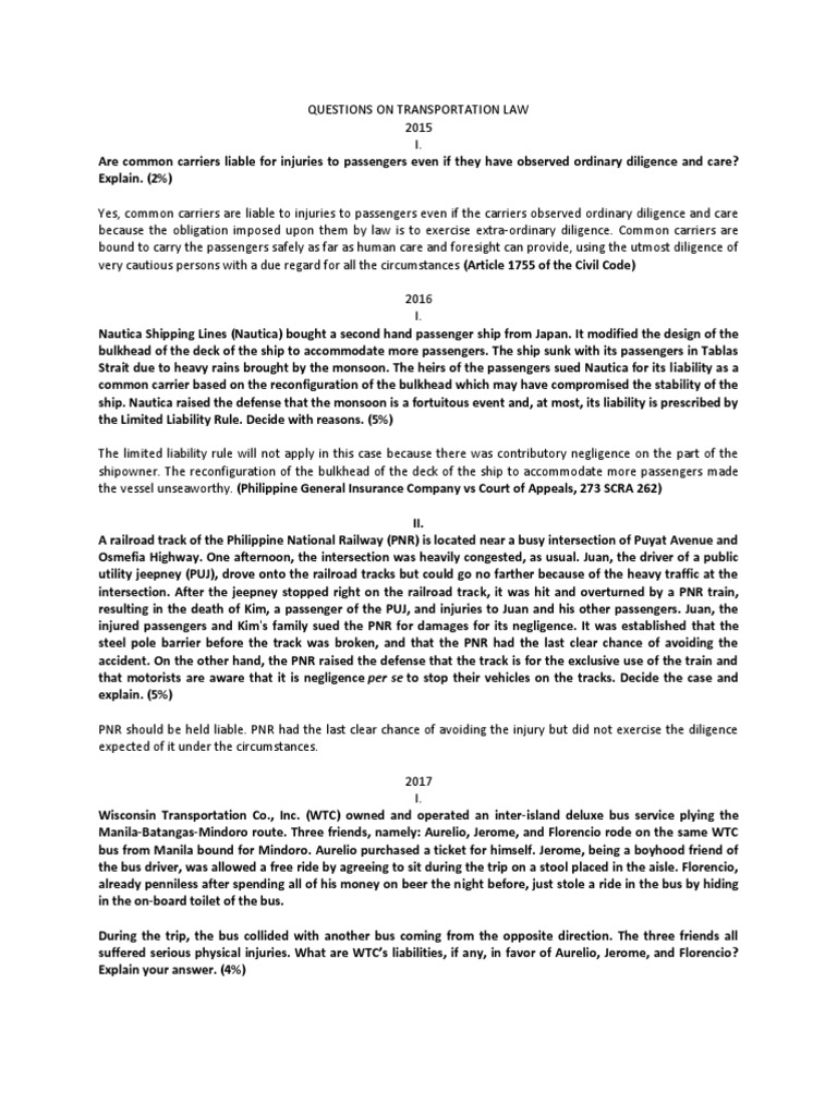 Transportation Laws Bar Qs | PDF | Common Carrier | Legal Liability