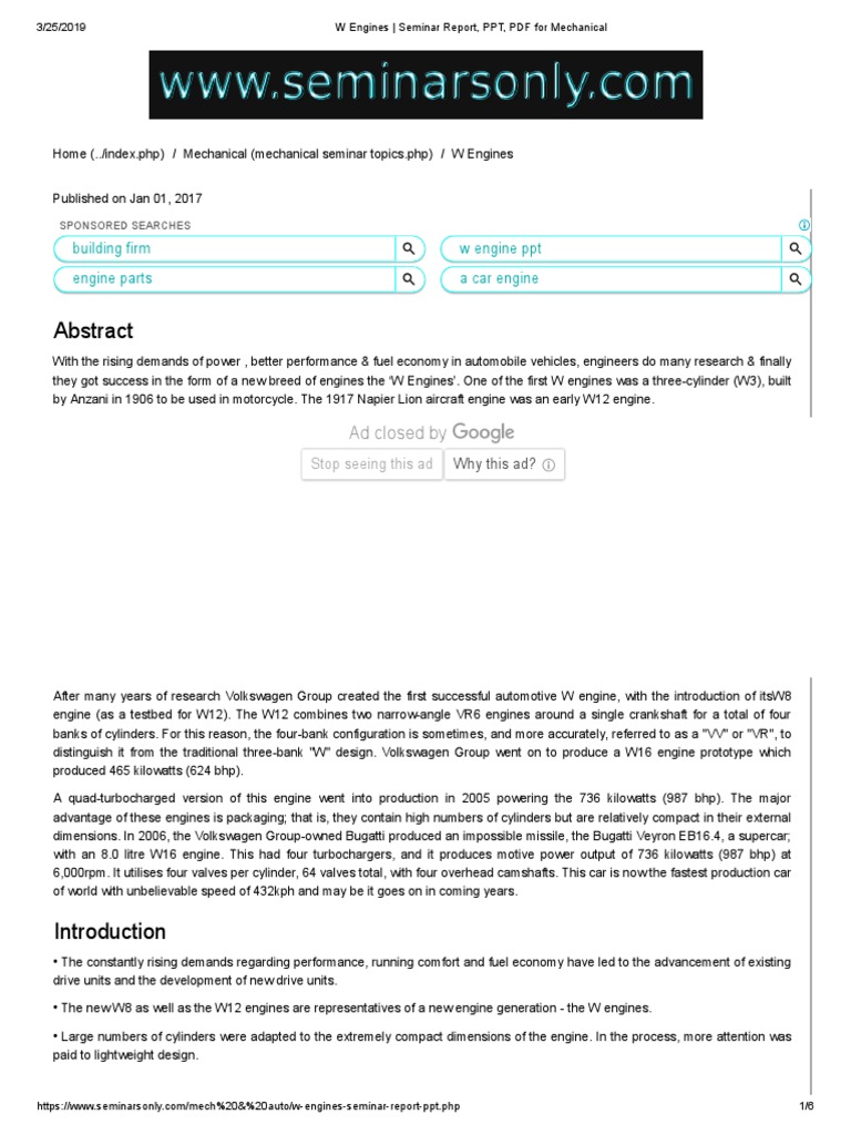 W Engines - Seminar Report, PPT, PDF For Mechanical PDF | PDF ...