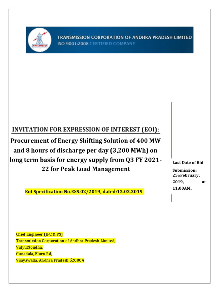 EoI For Energy Storage System-APTRANSCO | PDF | Energy Storage ...