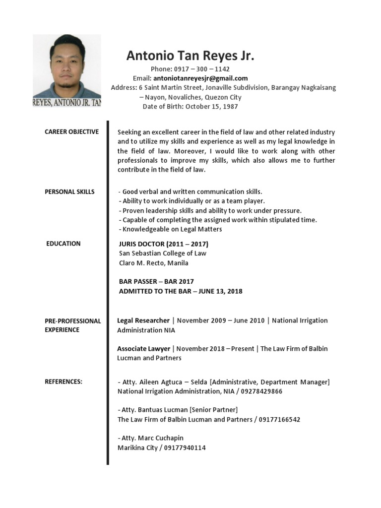 Antonio Tan Reyes JR | PDF | Career & Growth | Law