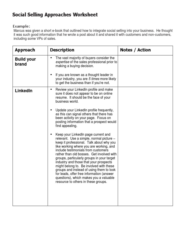 Social Selling Approaches Worksheet: Approach Description Notes ...