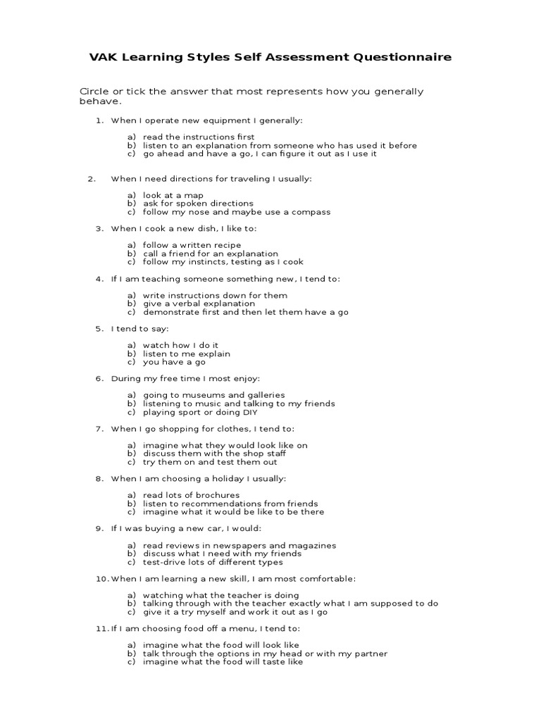 VAK Learning Styles Self Assessment Questionnaire | Download Free PDF ...