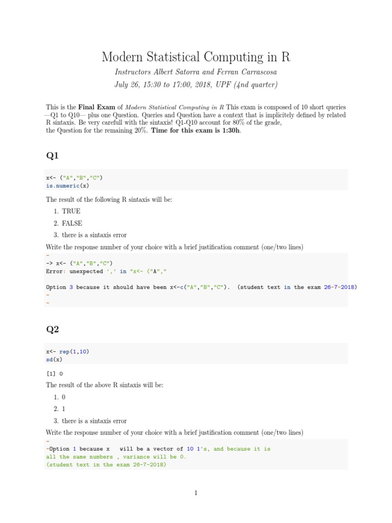R Programming Exam With Solutions | PDF | Errors And Residuals | Statistical Analysis