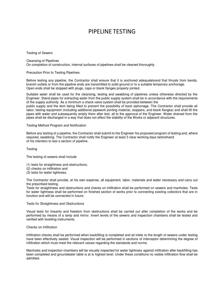 Pipeline Testing | PDF | Sanitary Sewer | Pipeline Transport