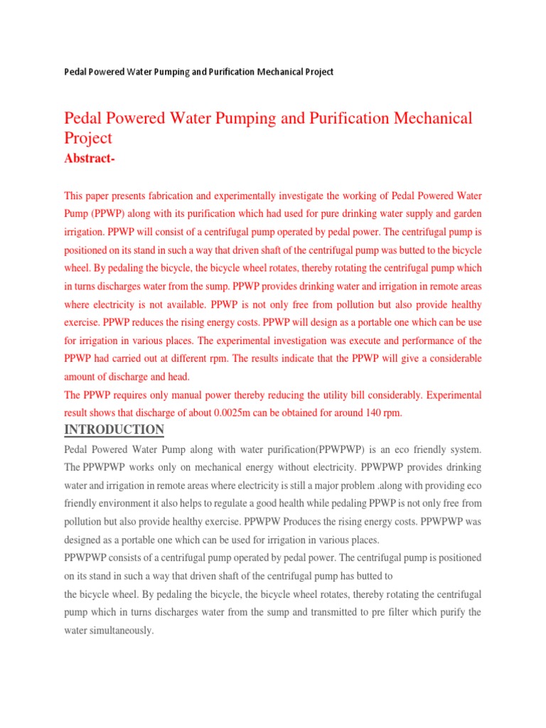 Pedal Powered Water Pumping and Purification Mechanical Project | PDF ...