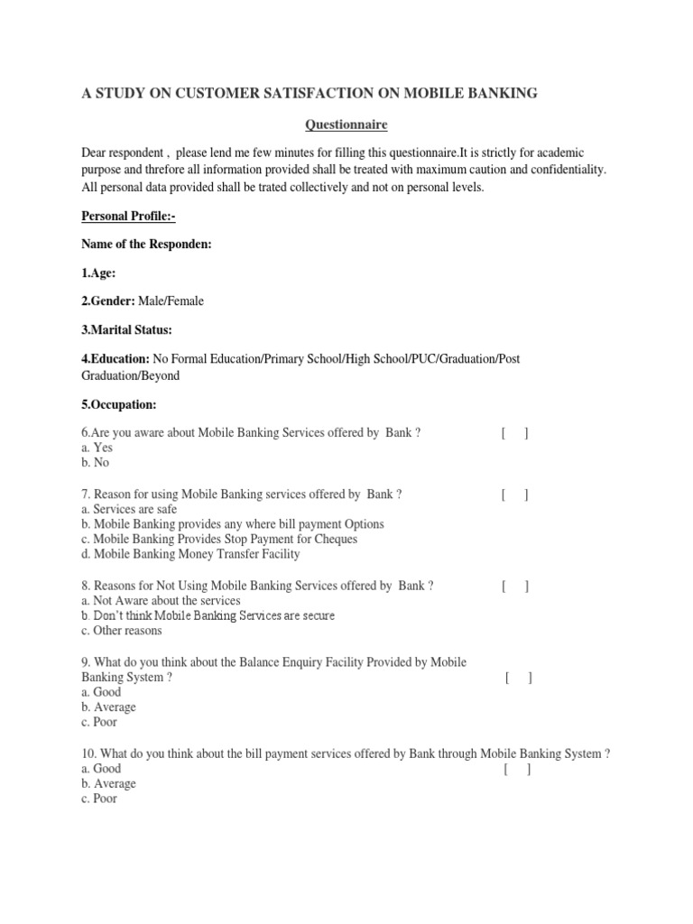 A Study On Customer Satisfaction On Mobile Banking: Questionnaire | PDF ...