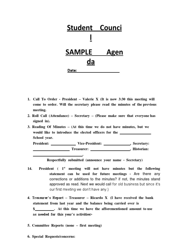 Student Counci L Sample Agen Da: Date | PDF
