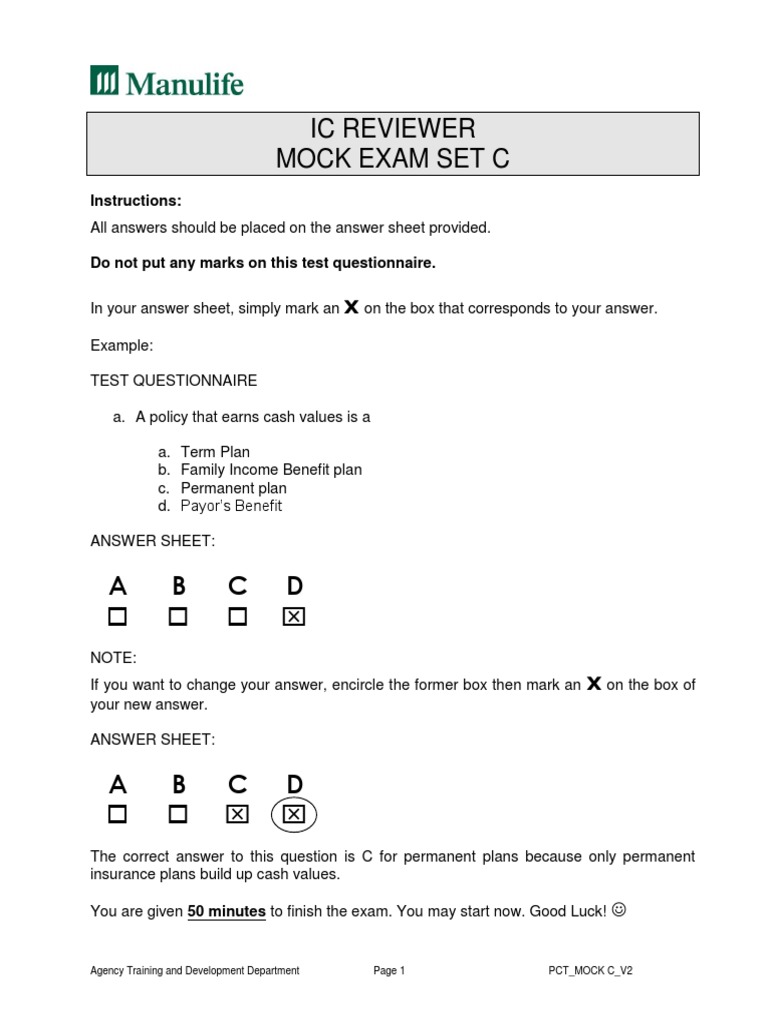Ic Reviewer Mock Exam Set C: A B C D | Life Insurance | Insurance