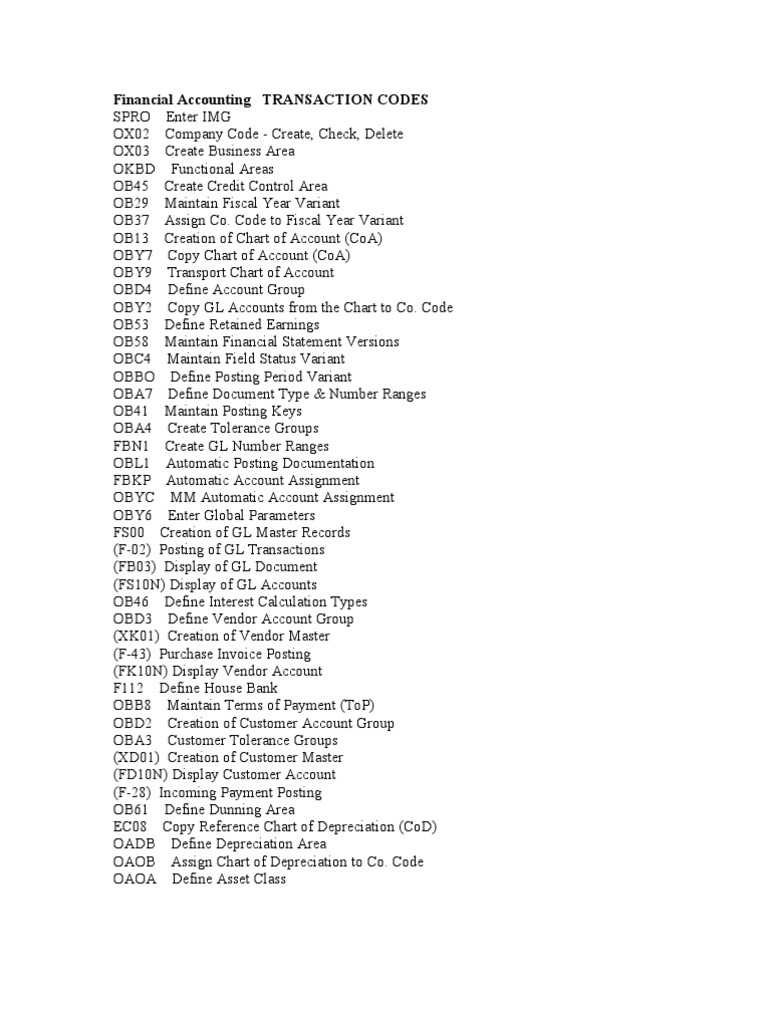 Financial Accounting TRANSACTION CODES | PDF | Invoice | Economies