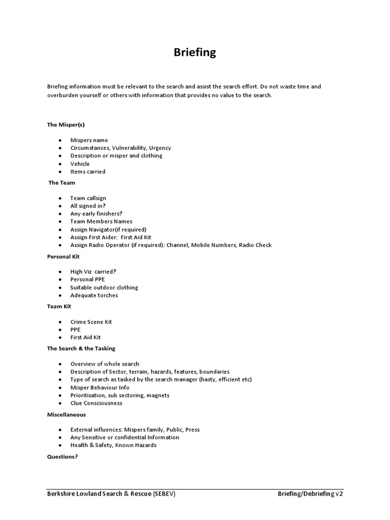 Briefing and Debriefing | PDF | First Aid | Personal Protective Equipment