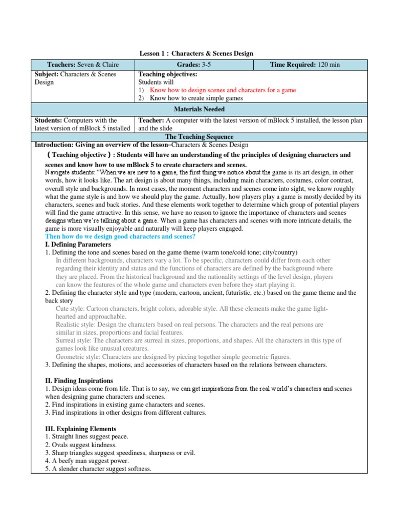 Know How To Design Scenes and Characters For A Game | PDF | Lesson Plan ...