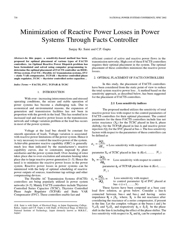 Minimization Of Reactive Power Losses In Power Systems Through Facts Controller Pdf Electric