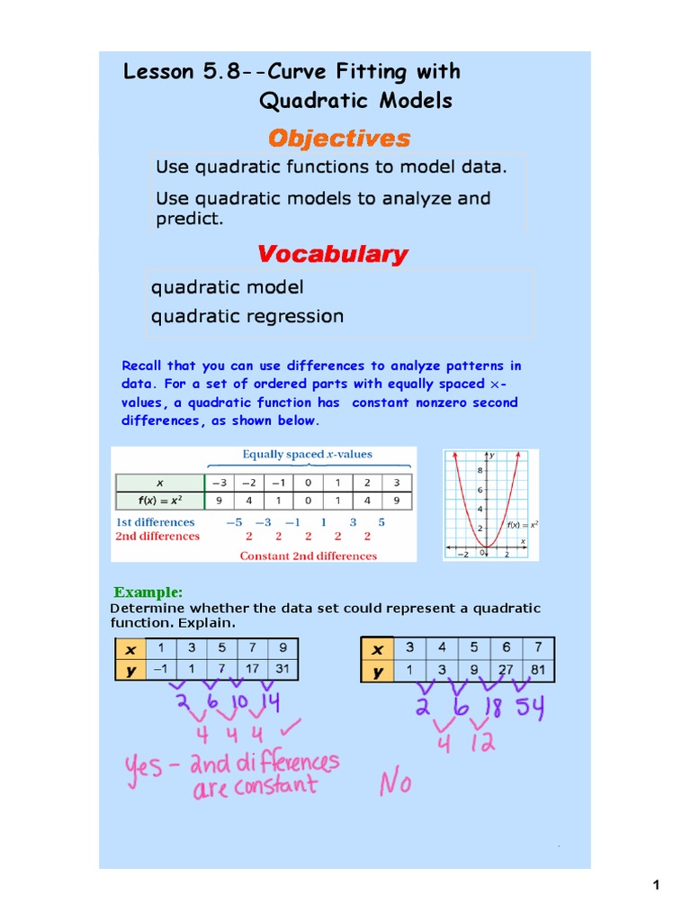 Lesson 5.8 - Curve Fitting With Quadratic Models: Example | PDF ...