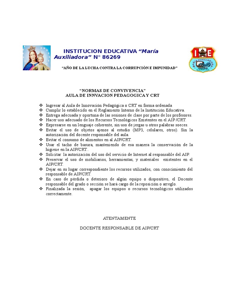 Normas de Convivencia y Ri de Aip | PDF | Salón de clases | Maestros