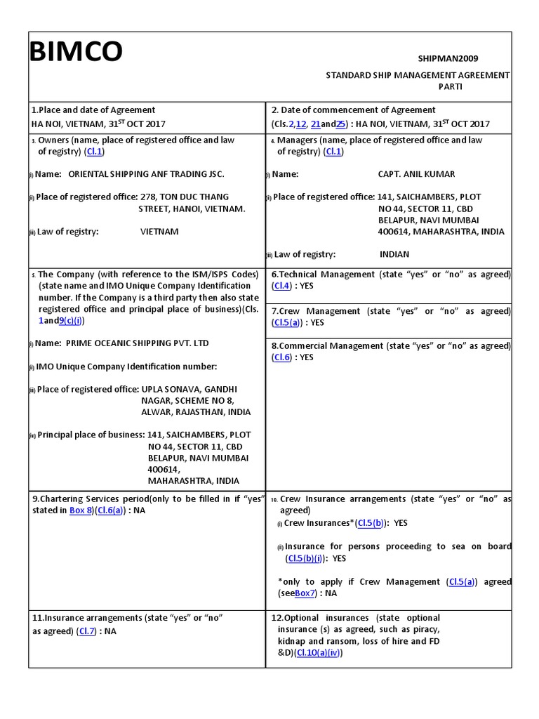 BIMCO Agreement | PDF | Insurance | Indemnity