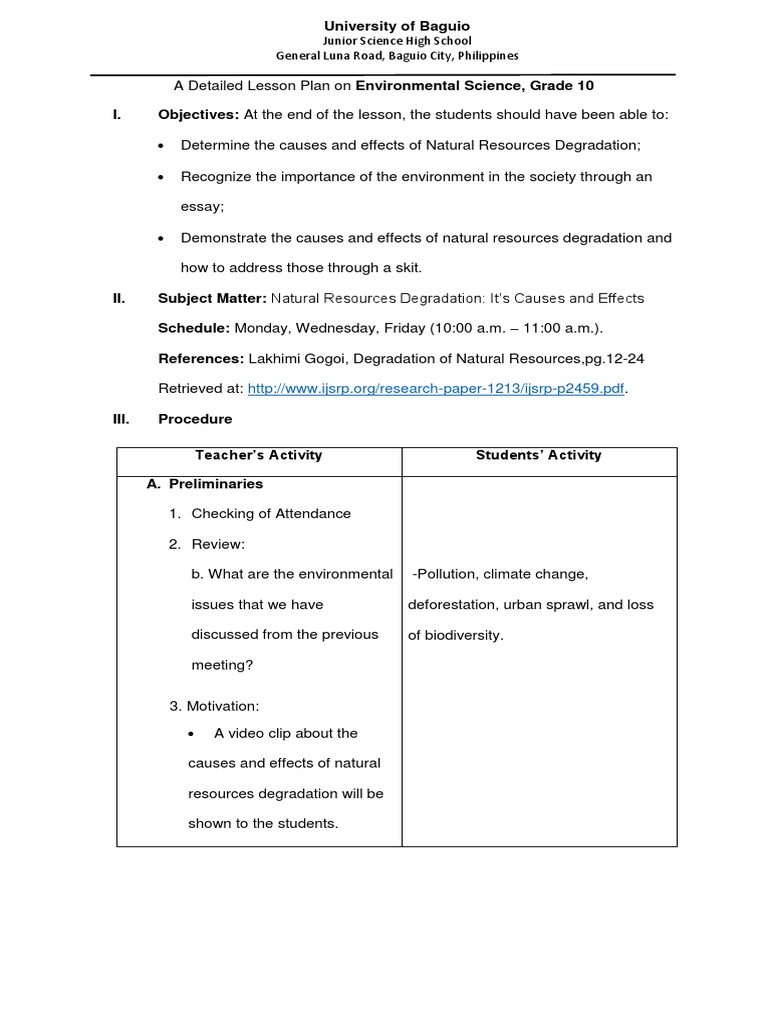 Final Lesson Plan On Environmental Issues | PDF | Environmental ...