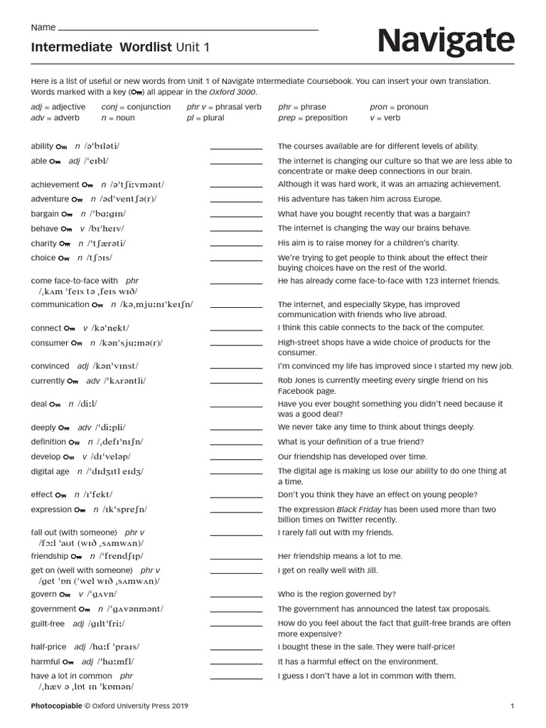 Navigate Intermediate Wordlist Unit 1 | PDF | Verb | Internet
