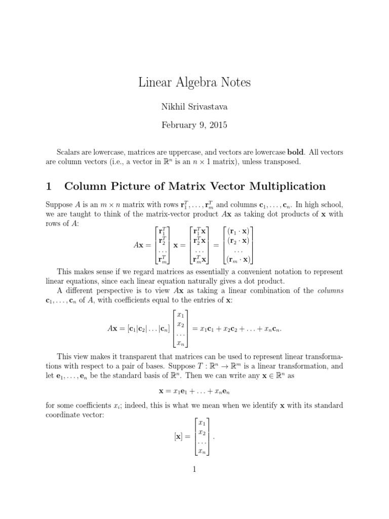 Linear Algebra Notes: 1 Column Picture of Matrix Vector Multiplication ...