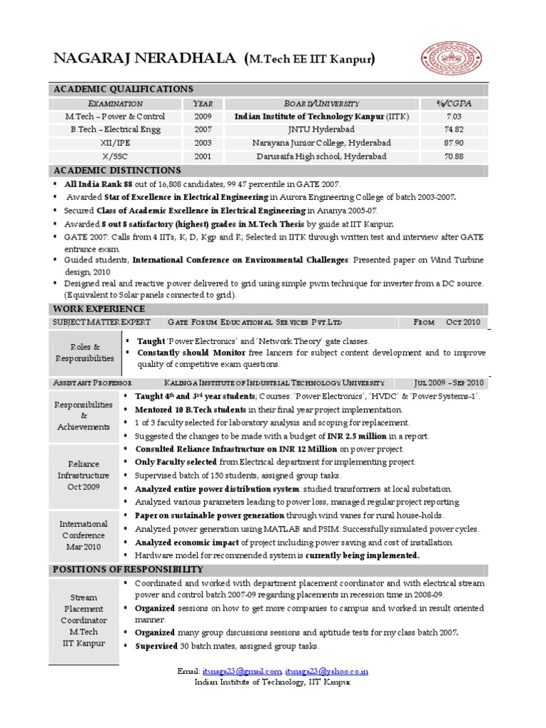 Resume M.tech EE IIT Kanpur | PDF | Electrical Grid | Power Electronics
