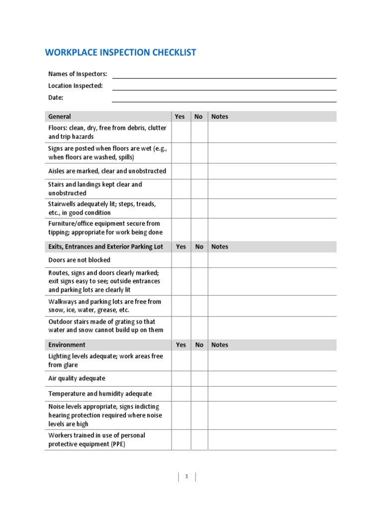 Workplace Inspection Checklist: General Yes No Notes | Occupational ...