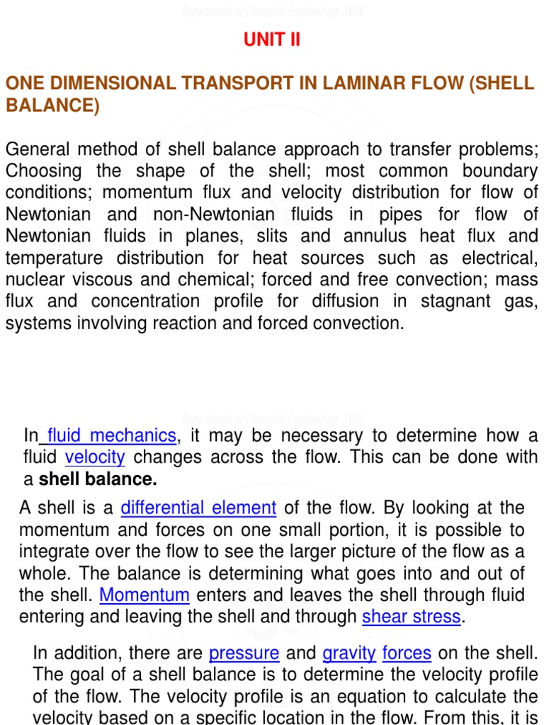 One Dimensional Transport in Laminar Flow (Shell Balance) : Unit Ii ...