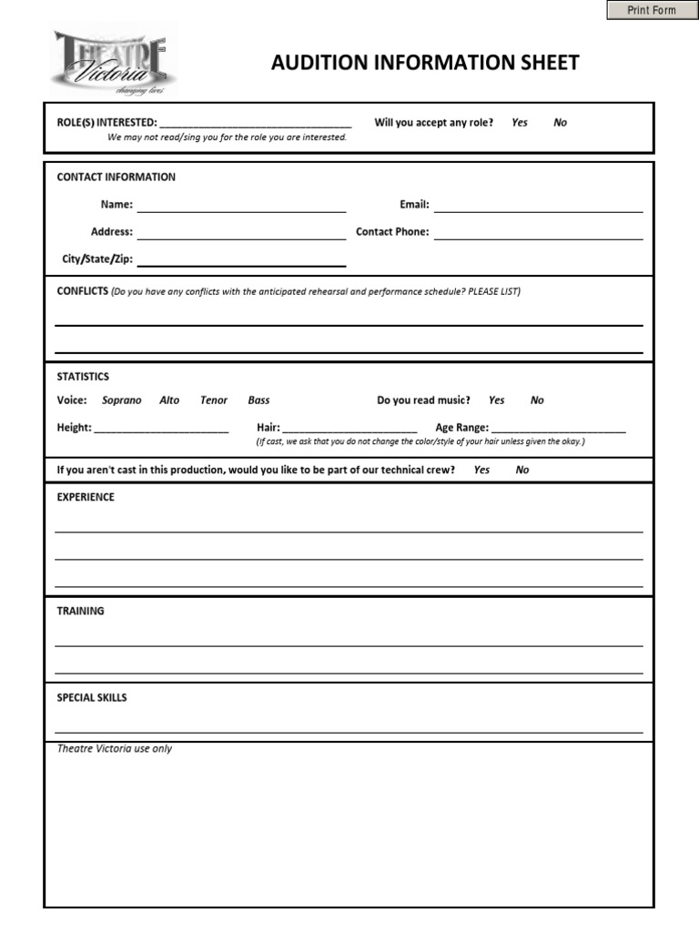 Audition Information Sheet: We May Not Read/sing You For The Role You ...