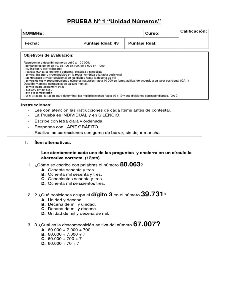 Prueba Unidad 1 de Matemáticas 4° Básico | PDF
