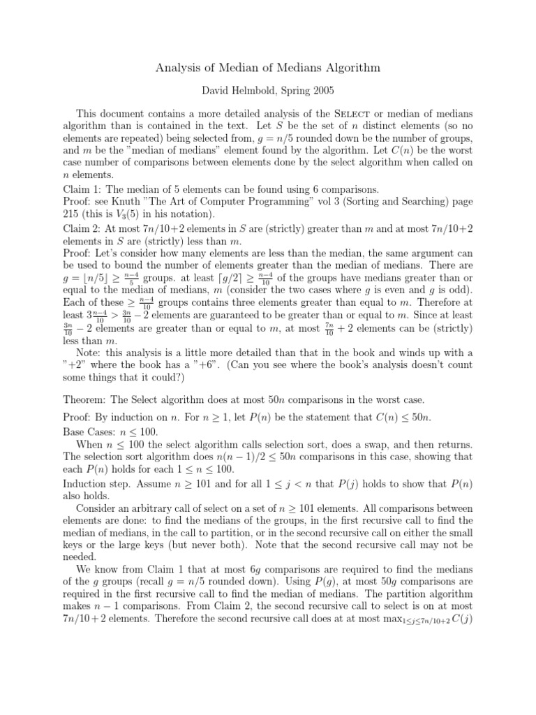 Analysis Of Median Of Medians Algorithm Pdf Algorithms And Data Structures Mathematical