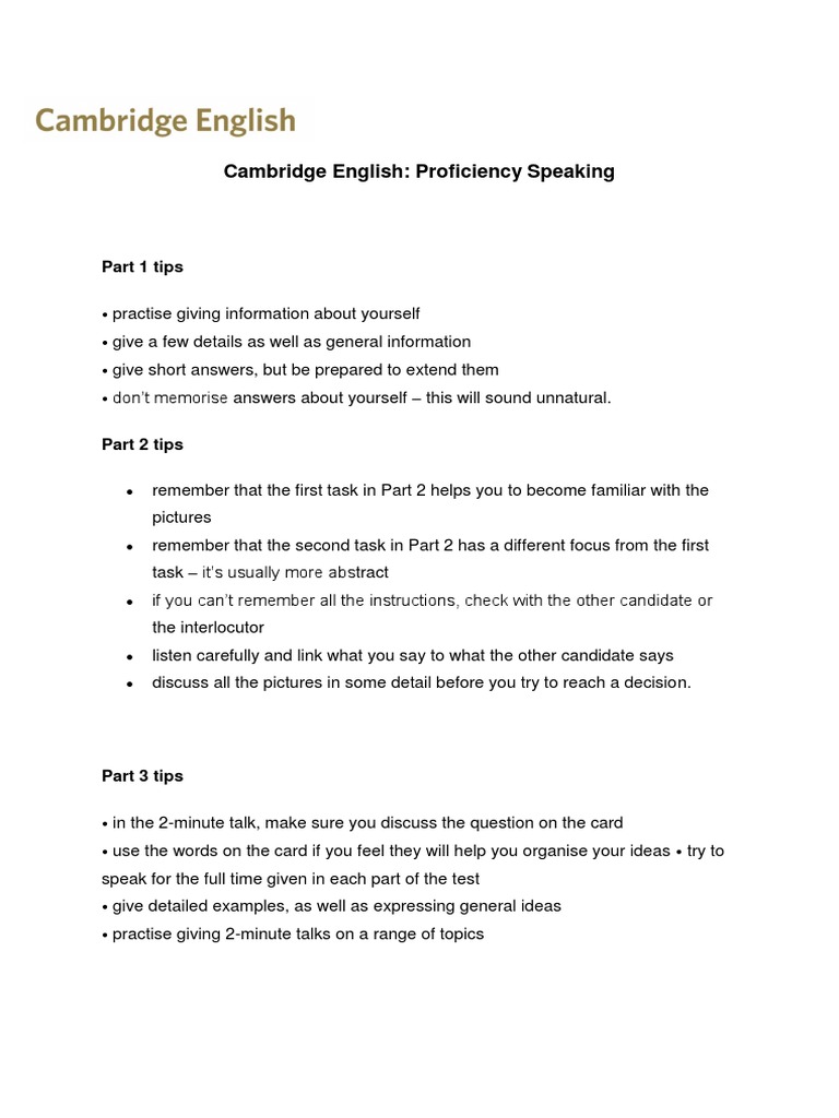 Cambridge English: Proficiency Speaking: Part 1 Tips | PDF