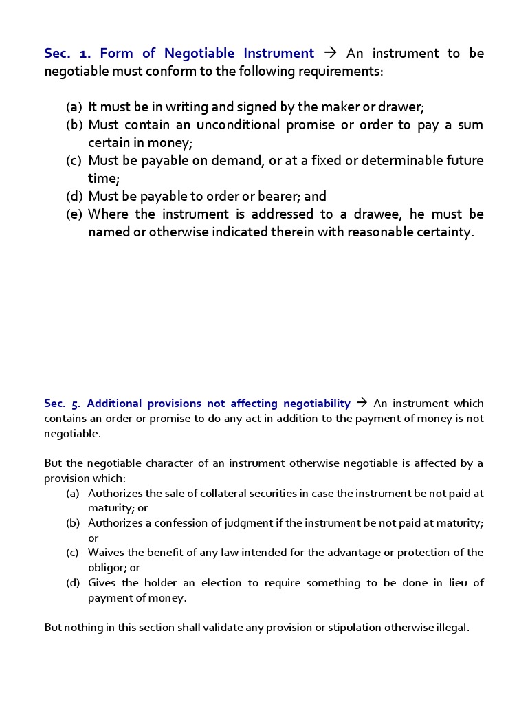 Sec. 1. Form of Negotiable Instrument | PDF | Negotiable Instrument ...