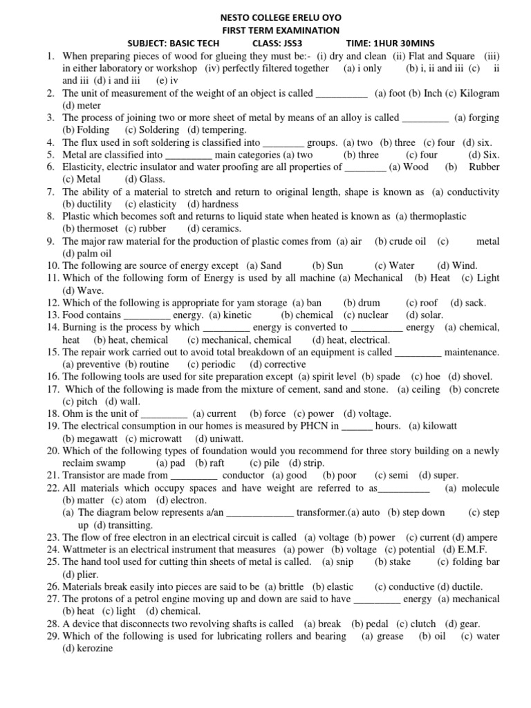 JSS3 Basic Tech Exam | PDF | Watt | Soldering