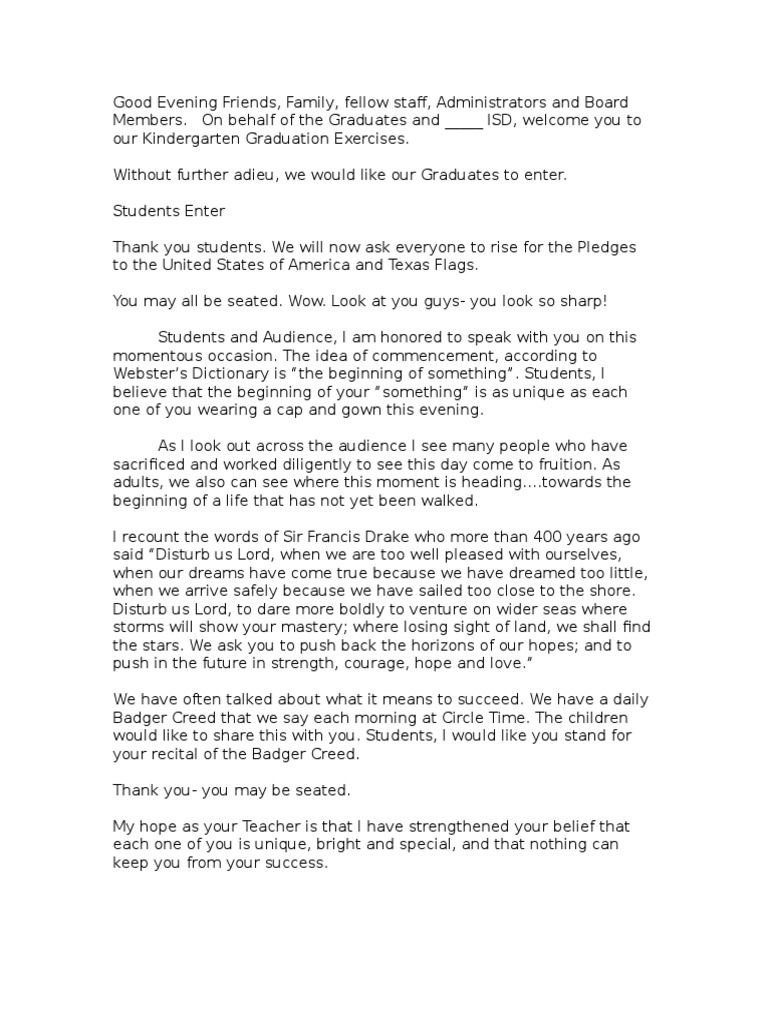 Kindergarten Graduation Speech | PDF