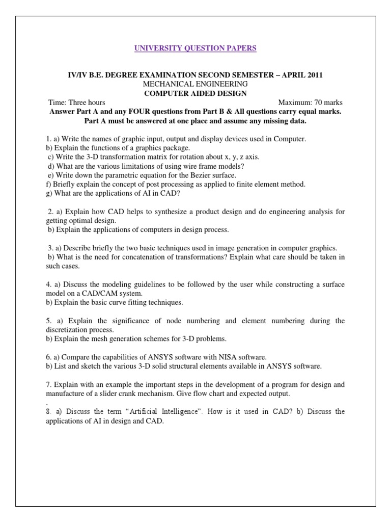 CAD Exam Papers for Mech Eng Students | PDF | Computer Aided Design ...