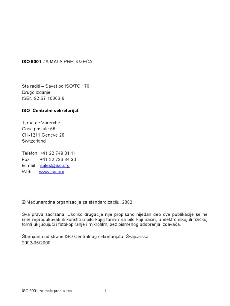 ISO 9001 ZA MALA PREDUZECA Cijela Knjiga - Novi Sad Korekcija | PDF