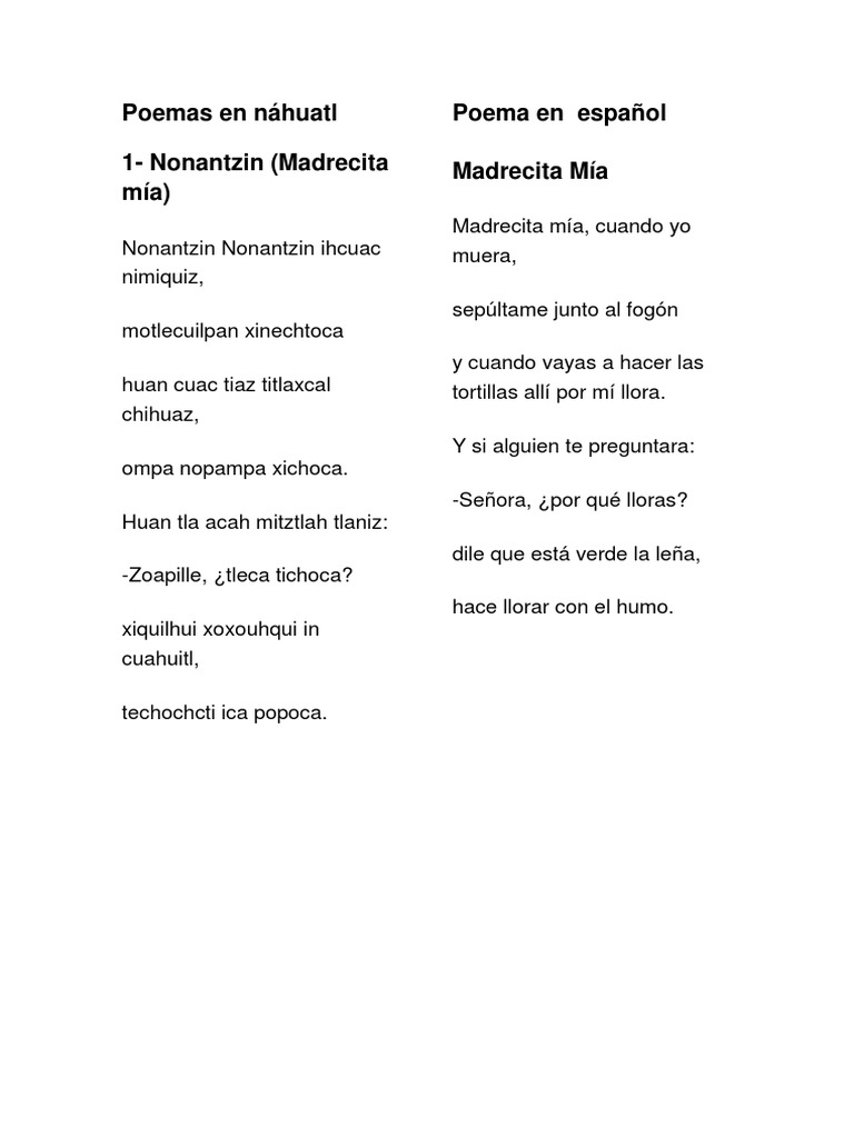 Poemas y leyendas en náhuatl y español | PDF | Cultura de las Americas