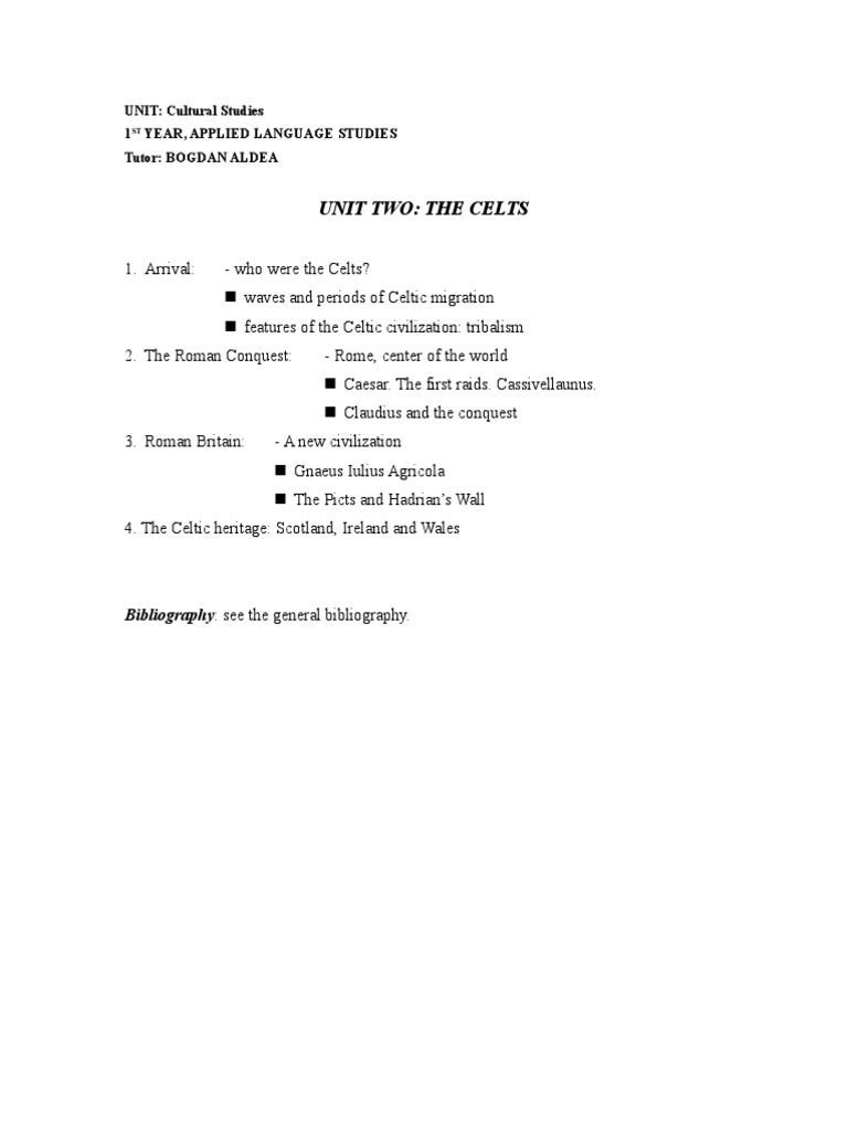 Unit Two: The Celts: UNIT: Cultural Studies 1 Year, Applied Language ...