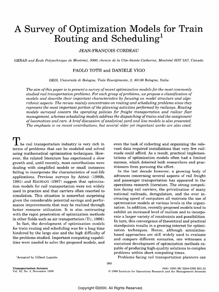 A Survey of Optimization Models For Train Routing and Scheduling PDF ...
